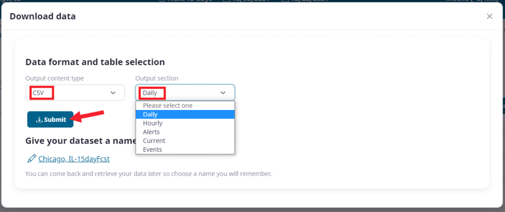 How can I download weather forecast data as a CSV file? | Visual Crossing