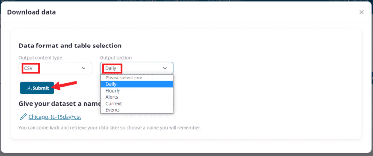 How can I download weather forecast data as a CSV file? | Visual Crossing