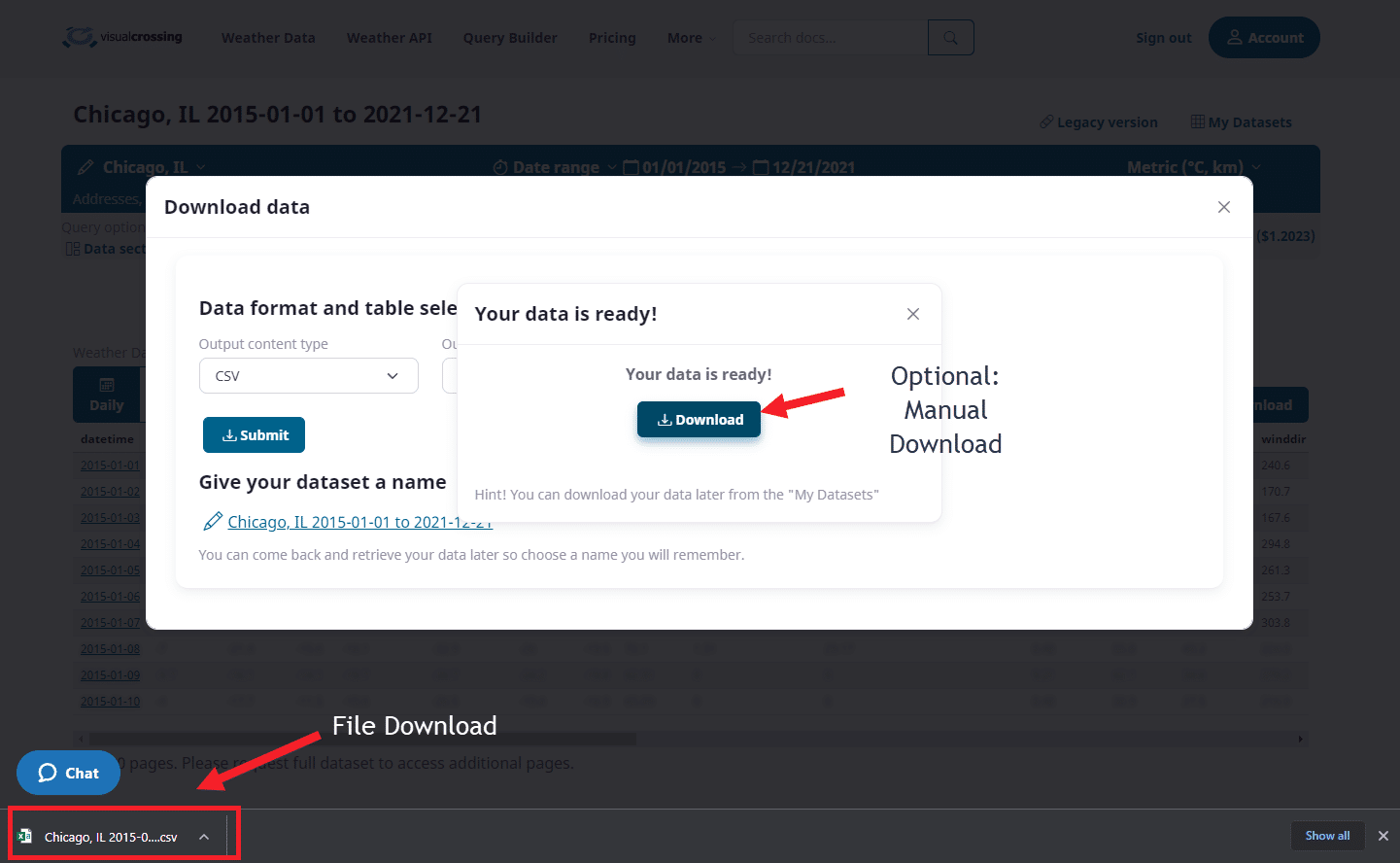 How can I download weather history data as a CSV file? | Visual Crossing