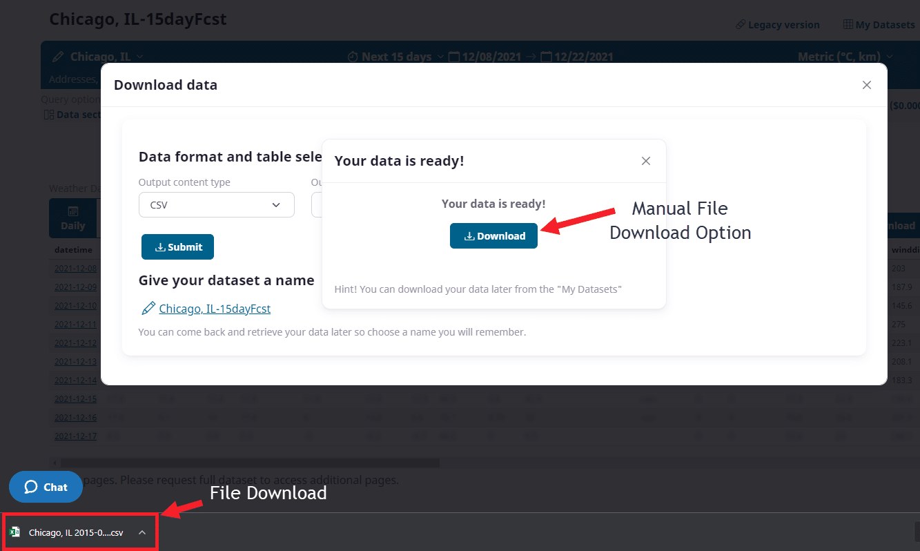 How can I download weather forecast data as a CSV file? | Visual Crossing