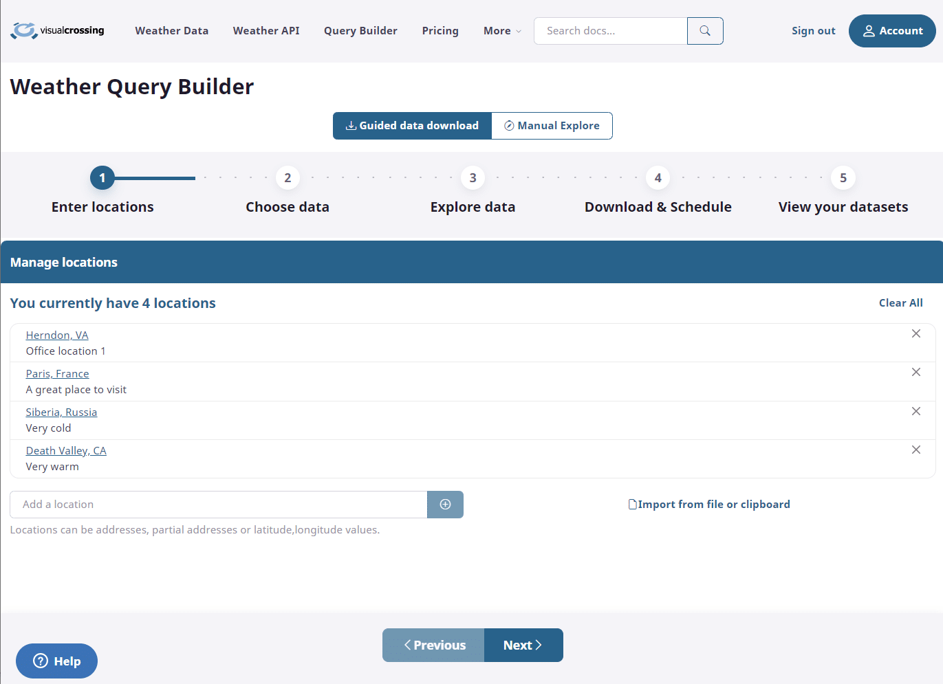 How to download weather data for multiple locations | Visual Crossing