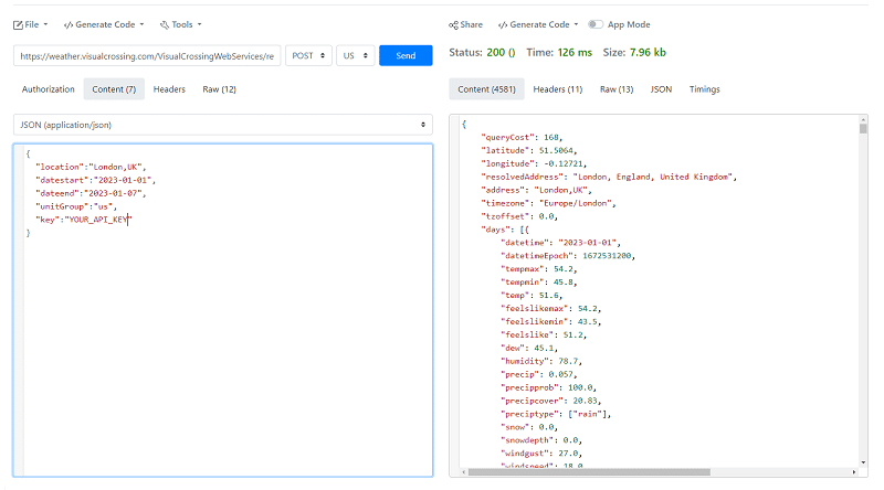 How do I run a weather API query using HTTP POST? | Visual Crossing
